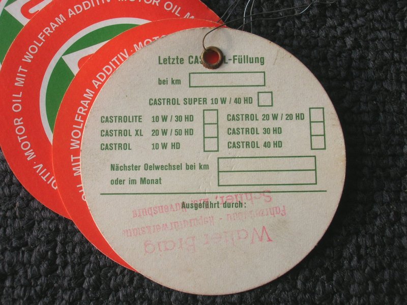 Purchase CASTROL OIL CHANGE TAG BADGE PORSCHE 356 911 MB 190 300 SL VW ...